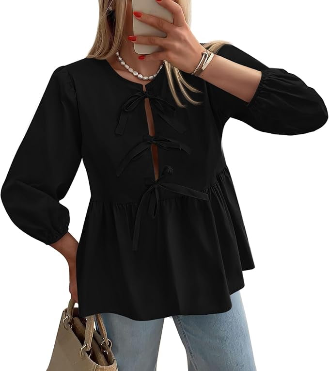 PRETTYGARDEN Women's Babydoll Peplum Blouse Shirt Puff Long Sleeve Bow ...