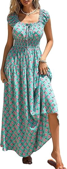 PRETTYGARDEN Women's Boho Maxi Dress Summer Cap Sleeve Long Flowy Beach ...