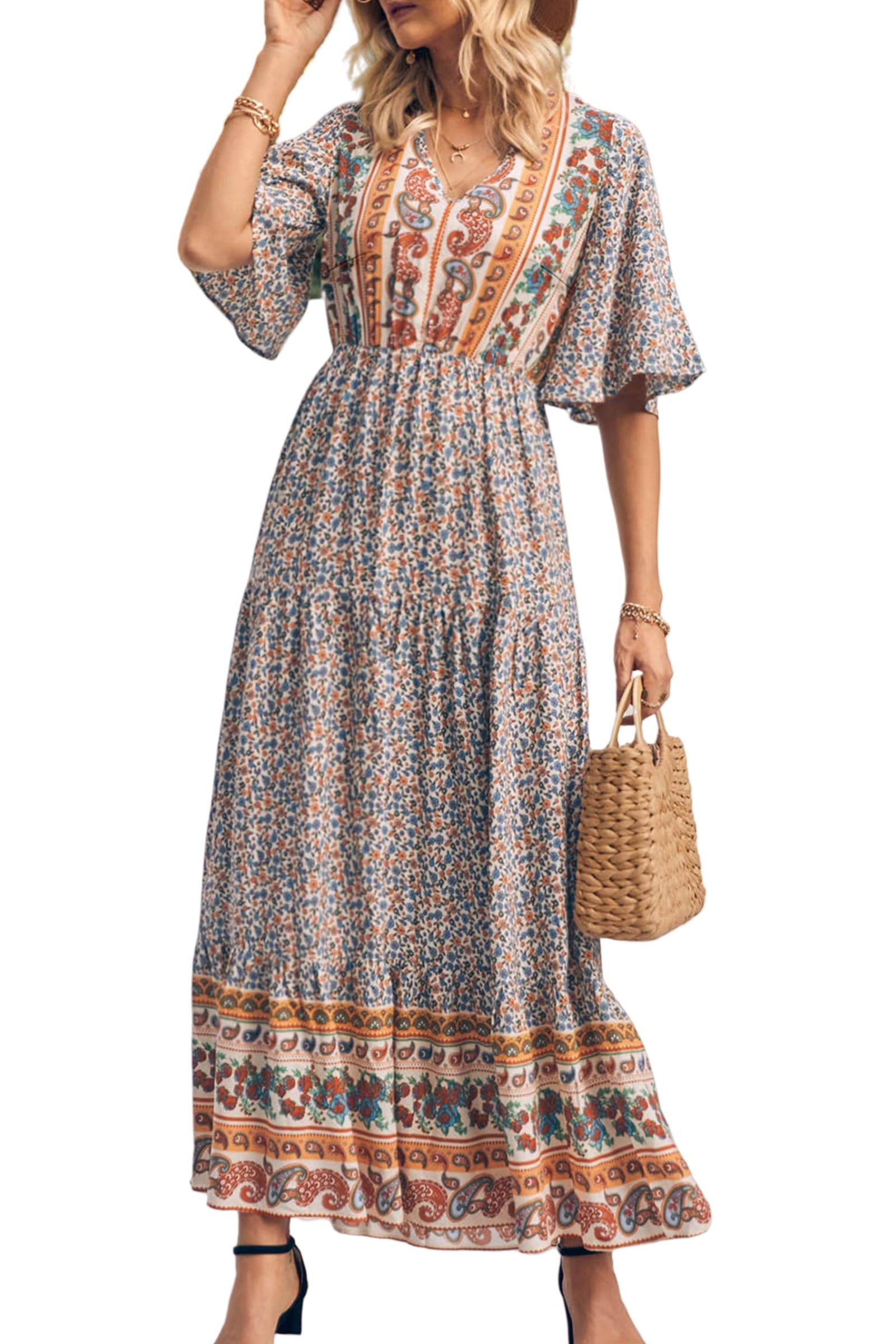 PRETTYGARDEN Women's Casual Summer Boho Floral Print Dress V Neck Short ...