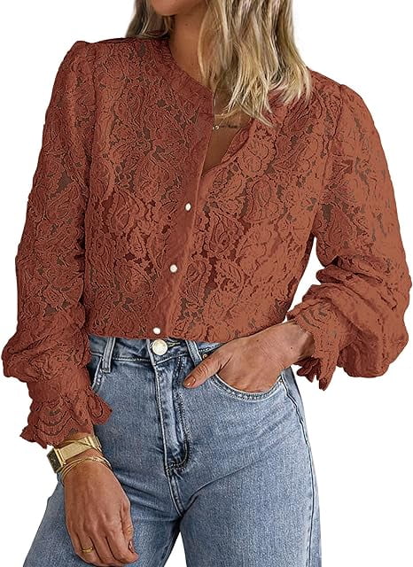 PRETTYGARDEN Women's Dressy Casual Lace Blouse Long Sleeve Button Up ...