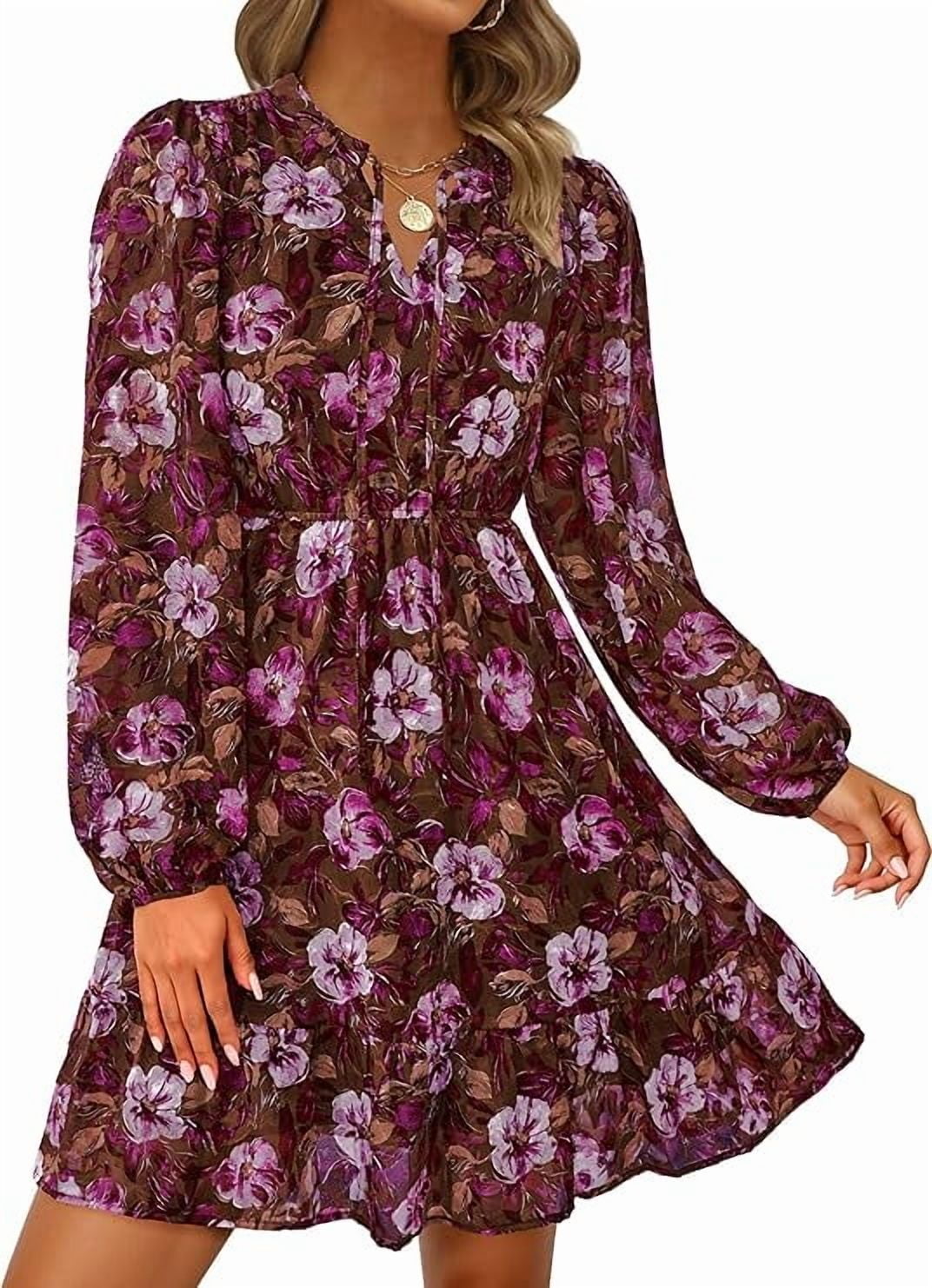 PRETTYGARDEN Women's Fall Boho Dresses Floral Long Sleeve V Neck Mini ...
