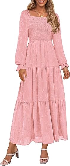 PRETTYGARDEN Women's Fall Floral Midi Dress Long Sleeve Smocked A Line ...
