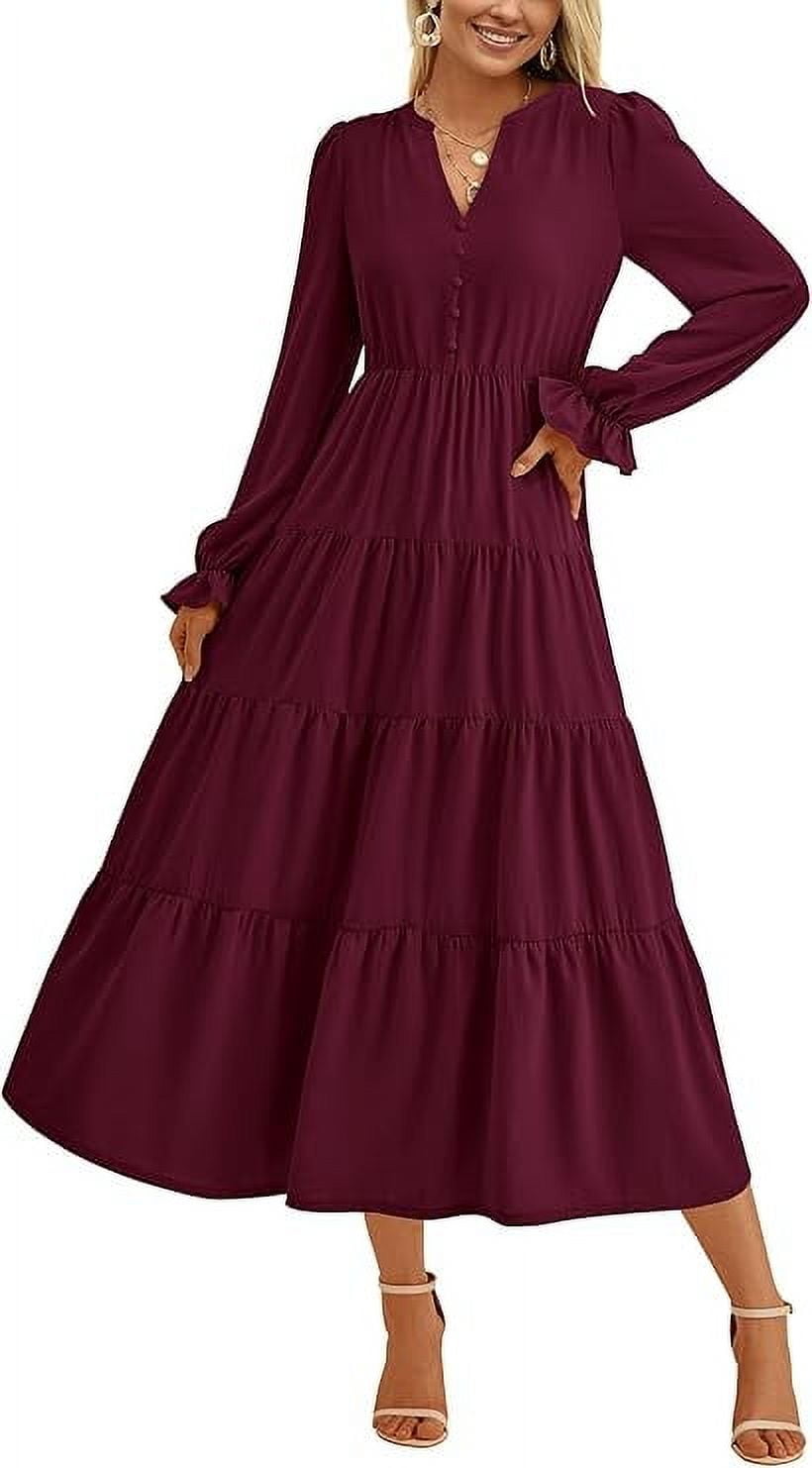 PRETTYGARDEN Women's Fall Maxi Dress Long Sleeve V Neck Tiered A Line ...