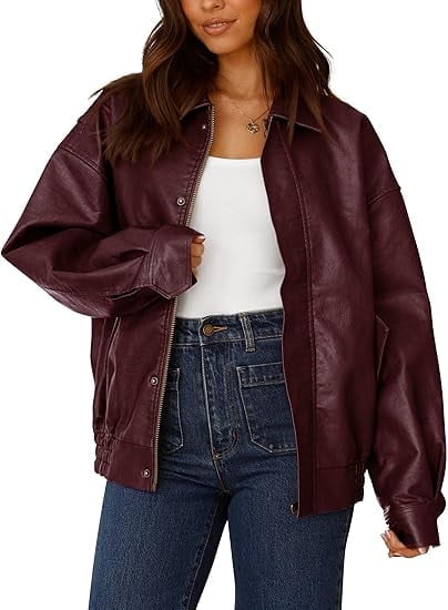 PRETTYGARDEN Women's Faux Leather Motorcycle Jacket Oversized Zip Up ...