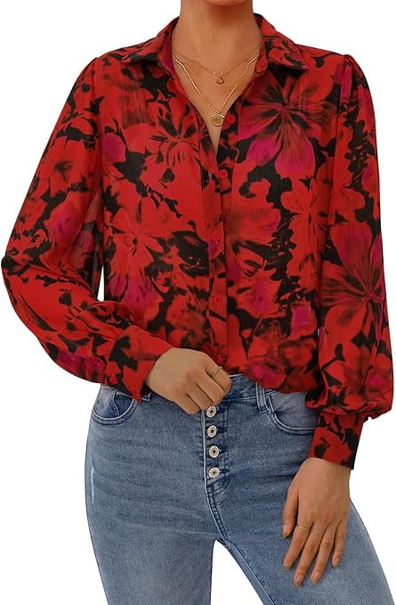 PRETTYGARDEN Women's Floral Blouses Dressy Casual V Neck Button Down ...