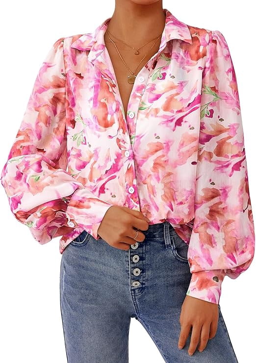 PRETTYGARDEN Women's Floral Blouses Dressy Casual V Neck Button Down ...