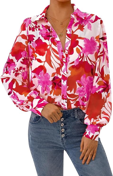 PRETTYGARDEN Women's Floral Blouses Dressy Casual V Neck Button Down ...