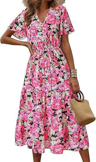 PRETTYGARDEN Women's Floral Boho Dress Casual Short Sleeve V Neck ...