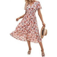PRETTYGARDEN Women's Summer Floral Midi Dress Cap Sleeve V Neck Ruffle ...