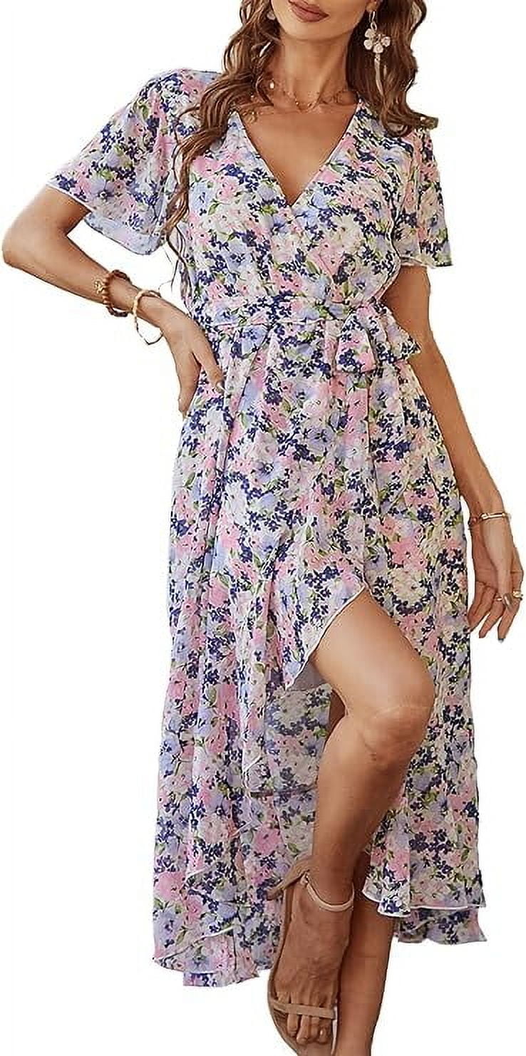 PRETTYGARDEN Women's Floral Boho Dress Wear To Work Wrap V Neck Short ...