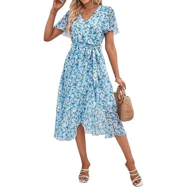PRETTYGARDEN Women's Floral Boho Dress Wear To Work Wrap V Neck Short ...