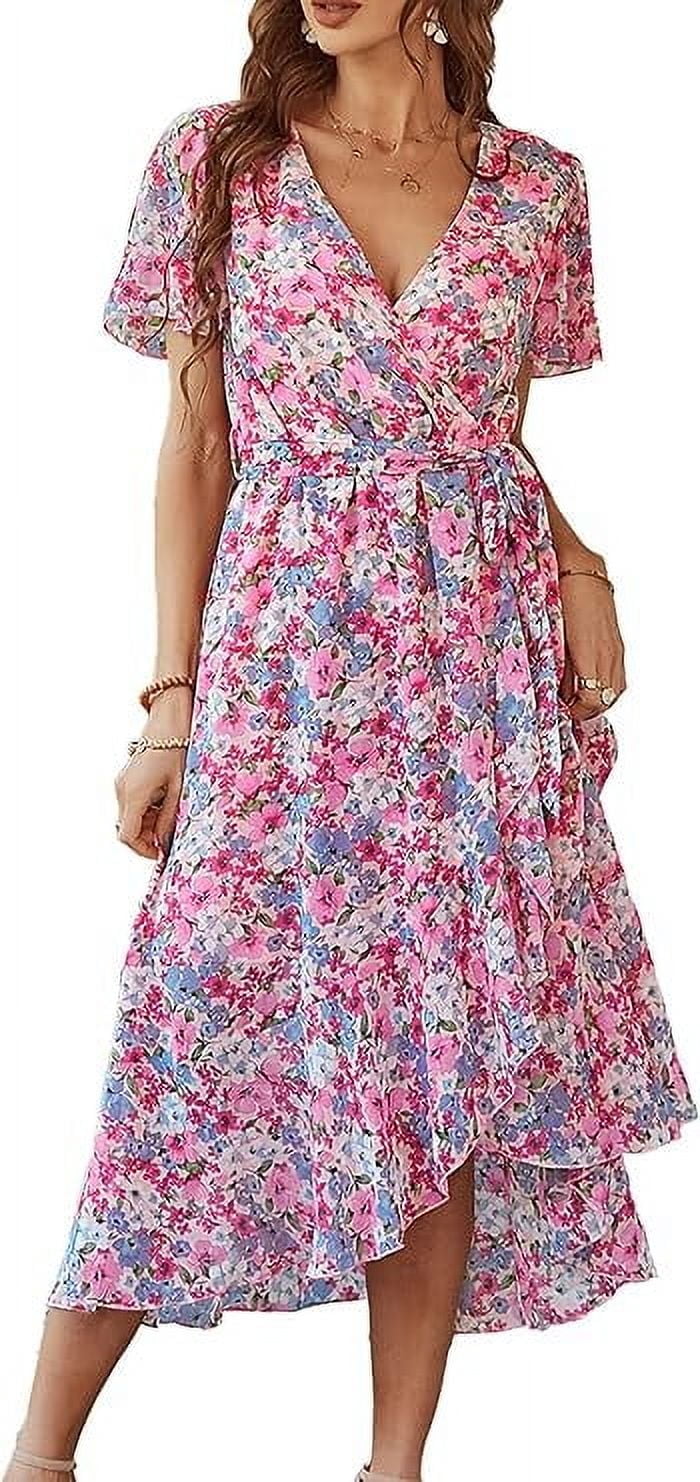 PRETTYGARDEN Women's Floral Boho Dress Wear To Work Wrap V Neck Short ...