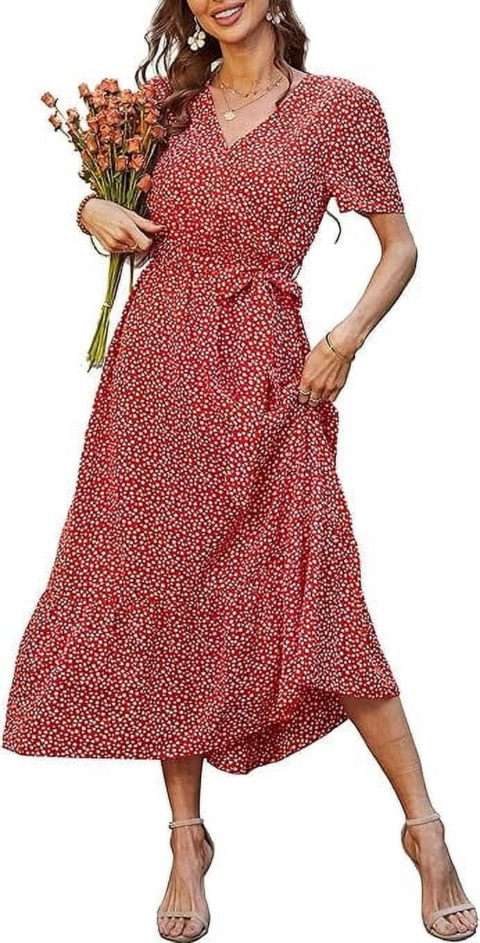 PRETTYGARDEN Women's Floral Boho Dress Wear To Work Wrap V Neck Short ...