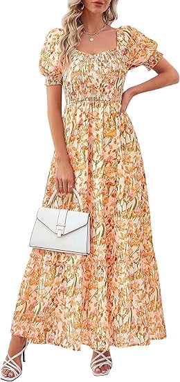 PRETTYGARDEN Women's Floral Boho Maxi Dresses Flowy Short Sleeve A Line ...