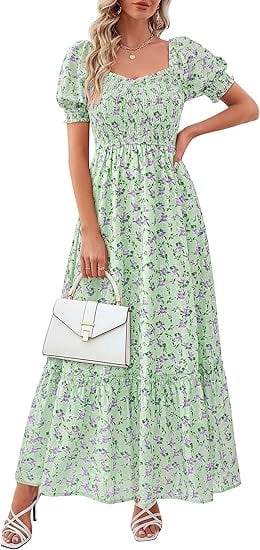 PRETTYGARDEN Women's Floral Boho Maxi Dresses Flowy Short Sleeve A Line ...