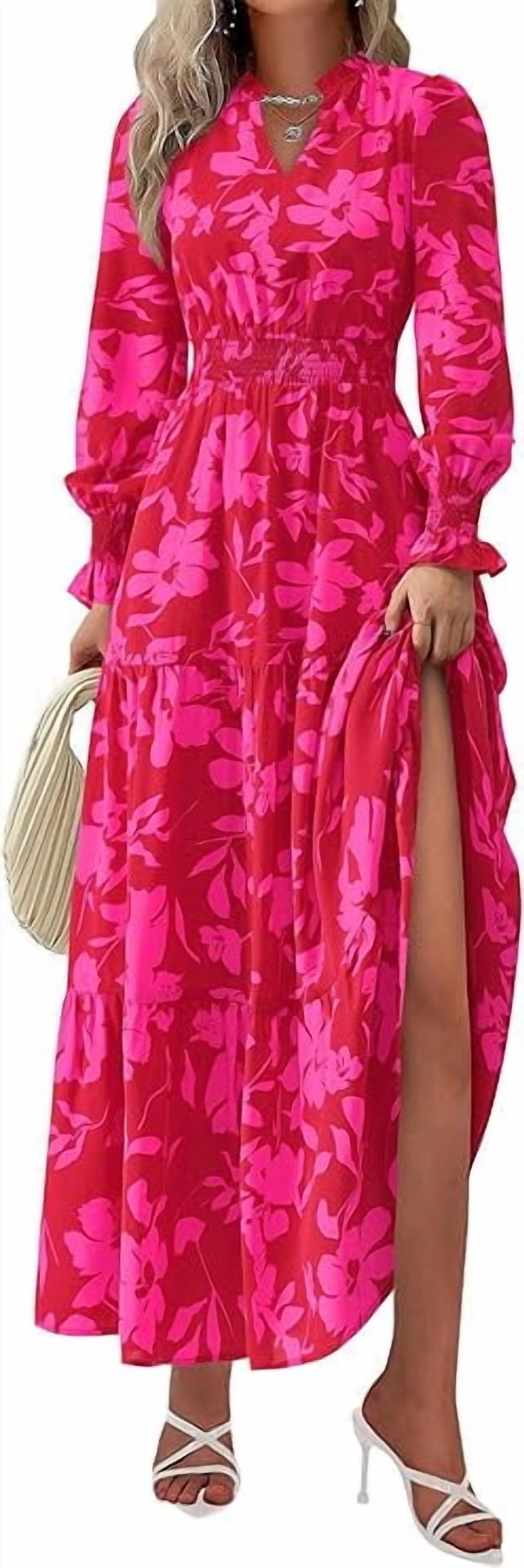 PRETTYGARDEN Women's Floral Maxi Dress Spring Long Sleeve V Neck Casual ...
