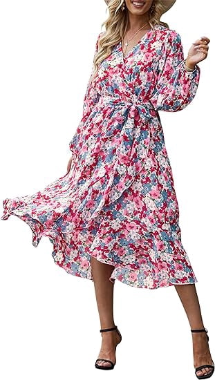 PRETTYGARDEN Women's Floral Print Boho Dress Long Sleeve Wrap V Neck ...