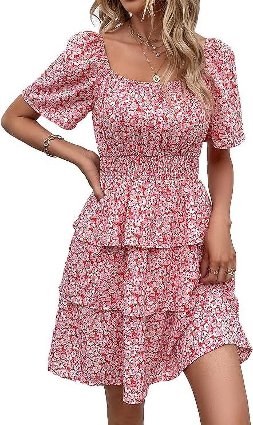 PRETTYGARDEN Women's Floral Summer Short Dress Square Neck Short Sleeve ...