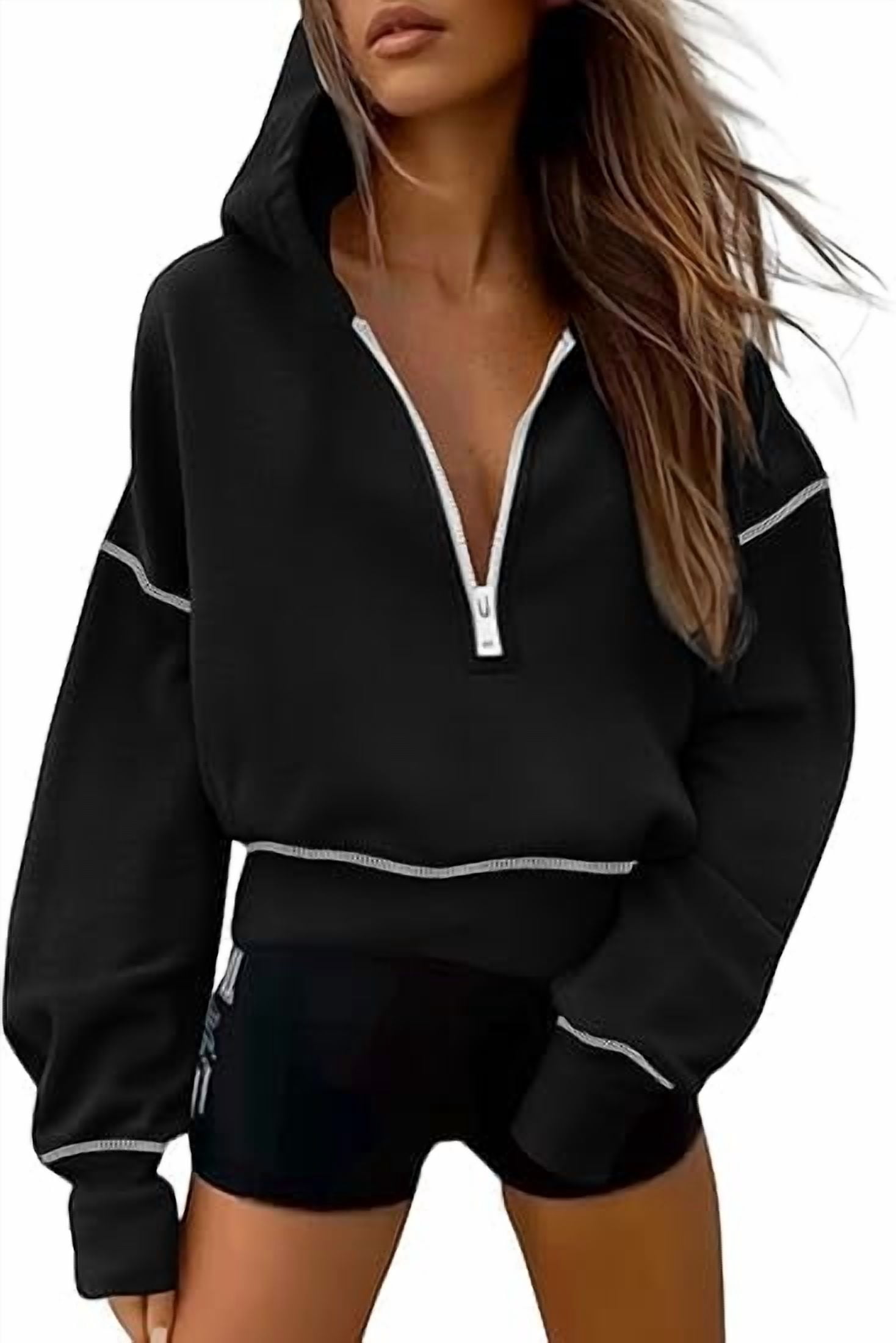 PRETTYGARDEN Women's Hooded Sweatshirts Long Sleeve Half Zip Cropped ...