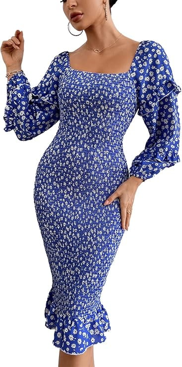 PRETTYGARDEN Women's Long Puff Sleeve Floral Midi Bodycon Dresses ...