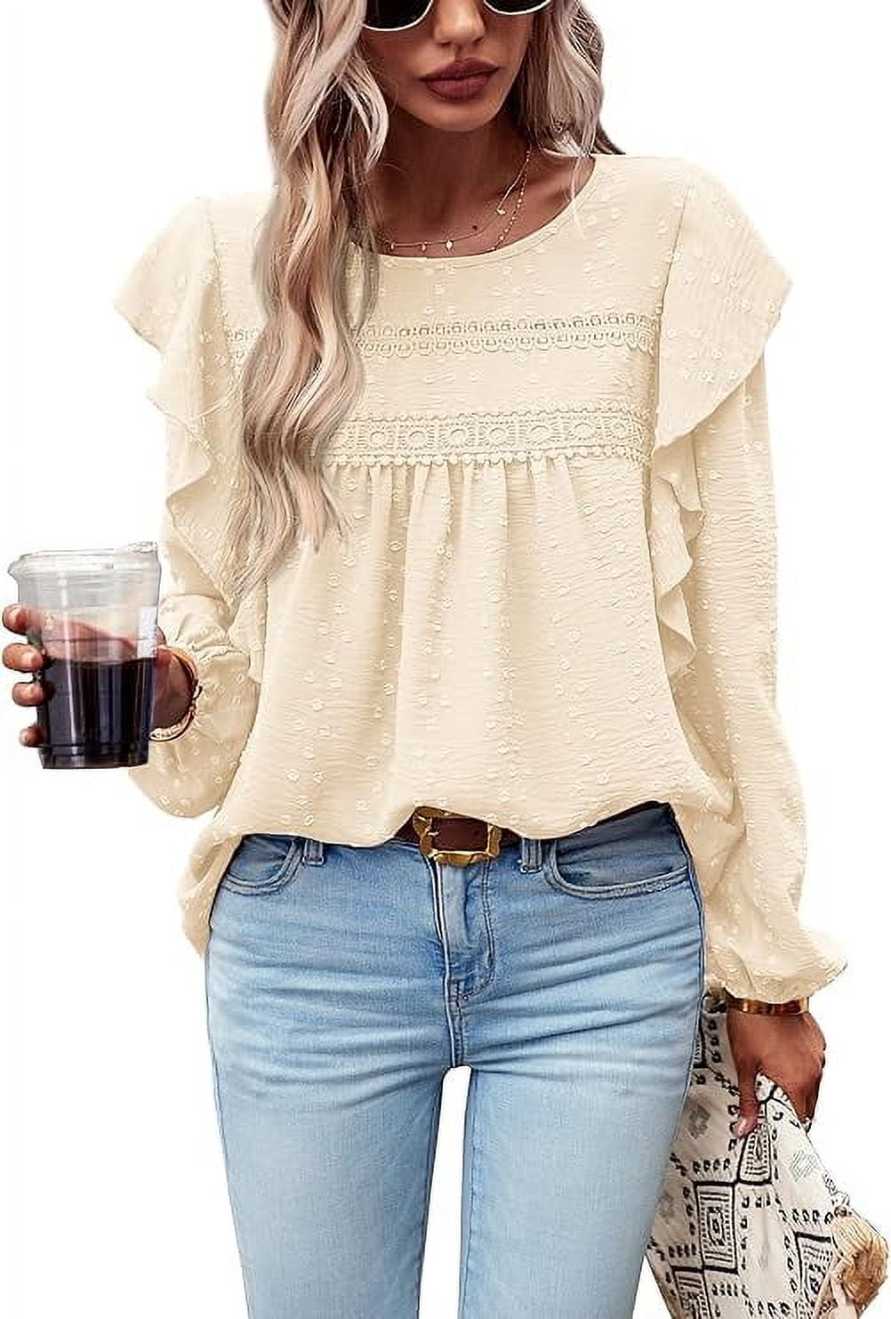 PRETTYGARDEN Women's Long Sleeve Blouses Ruffle Swiss Dot Crochet Loose Fit Spring Fall Tunic ...