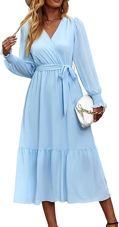 PRETTYGARDEN Women's Maxi Dress Fall Long Sleeve Wrap V Neck Ruffle ...