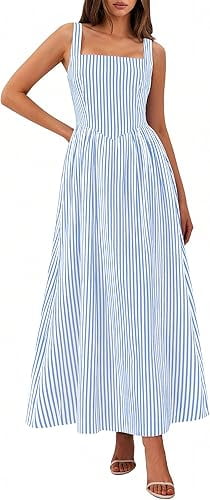 PRETTYGARDEN Women's Maxi Striped Dress Summer Sleeveless Square Neck ...
