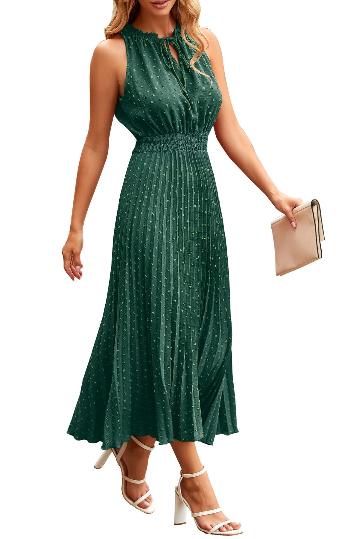 PRETTYGARDEN Women's Midi Summer Dresses Casual V Neck Swiss Dot Ruffle ...