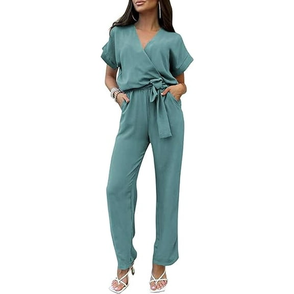 AKOEE Women Summer Jumpsuits Short Sleeve V Neck Smocked Wide Leg ...