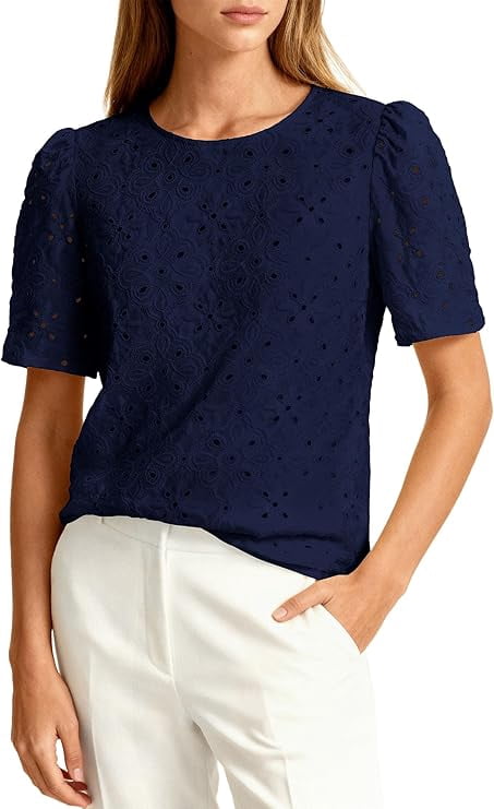 PRETTYGARDEN Women's Puff Short Sleeve Eyelet Shirts Summer Lace ...