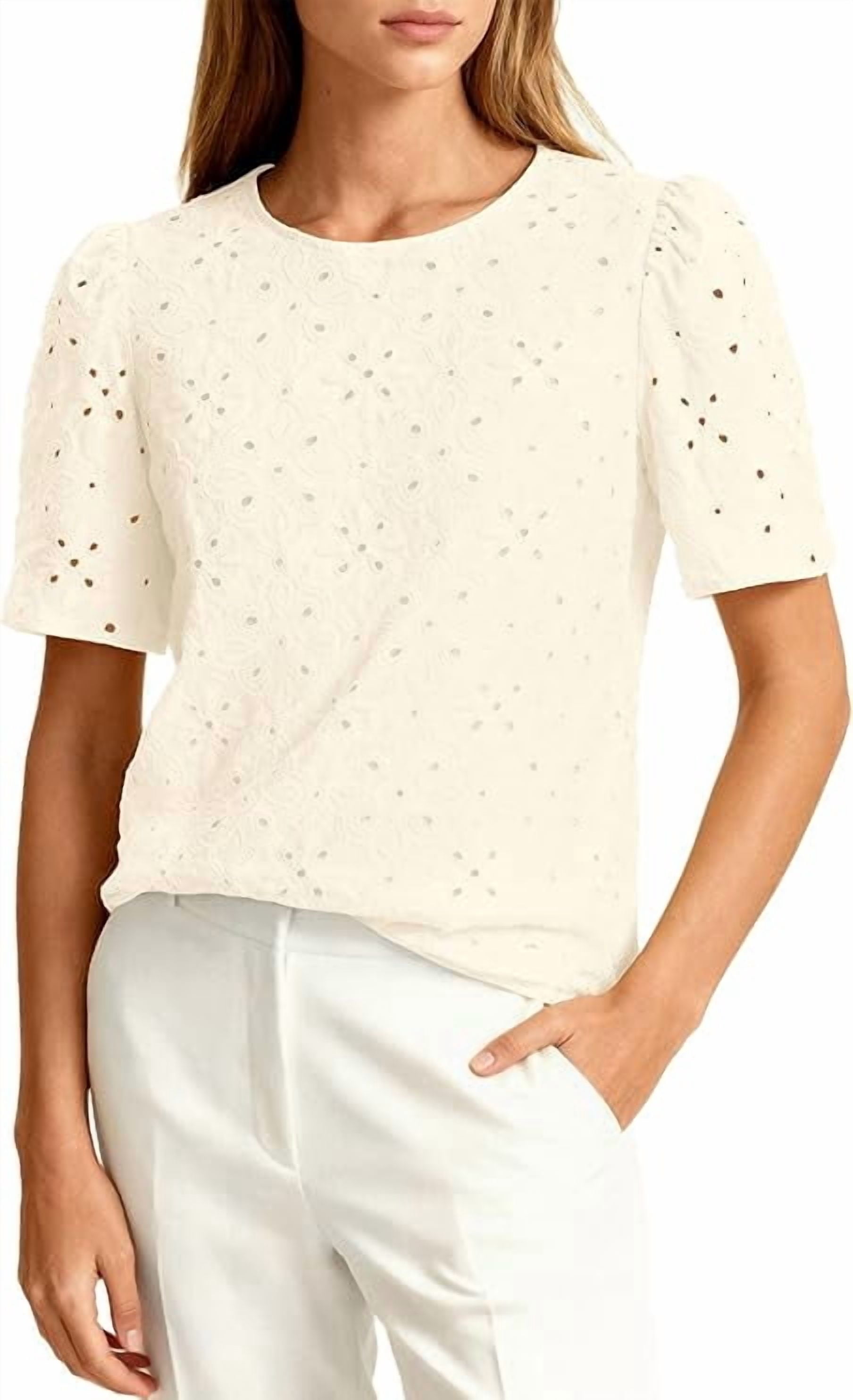 PRETTYGARDEN Women's Puff Short Sleeve Eyelet Shirts Summer Lace ...