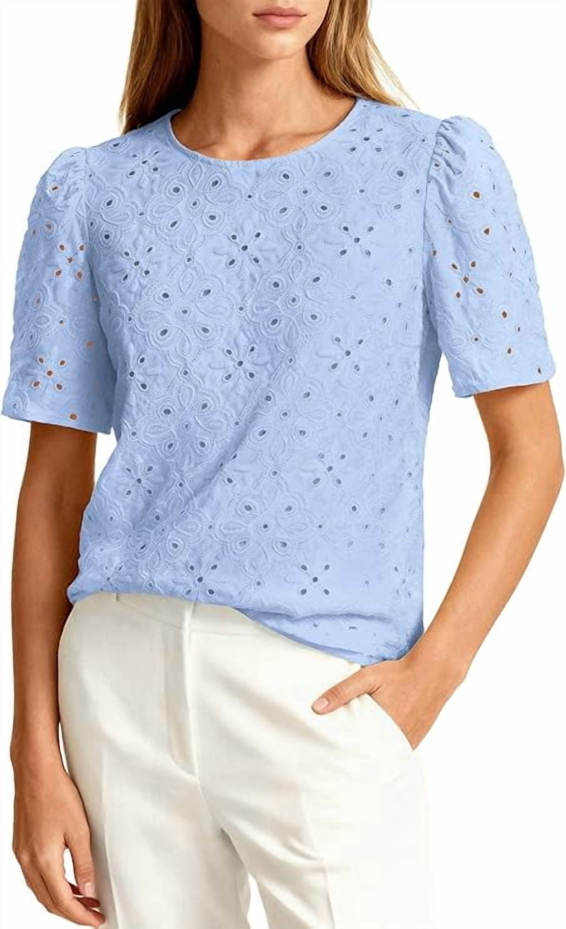 PRETTYGARDEN Women's Puff Short Sleeve Eyelet Shirts Summer Lace ...