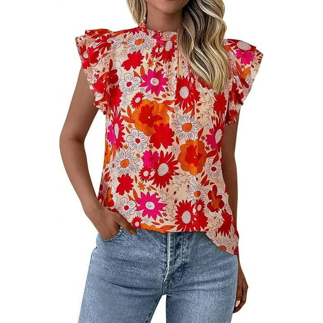 PRETTYGARDEN Women's Ruffle Short Sleeve Summer Tops Trendy Floral Trim ...