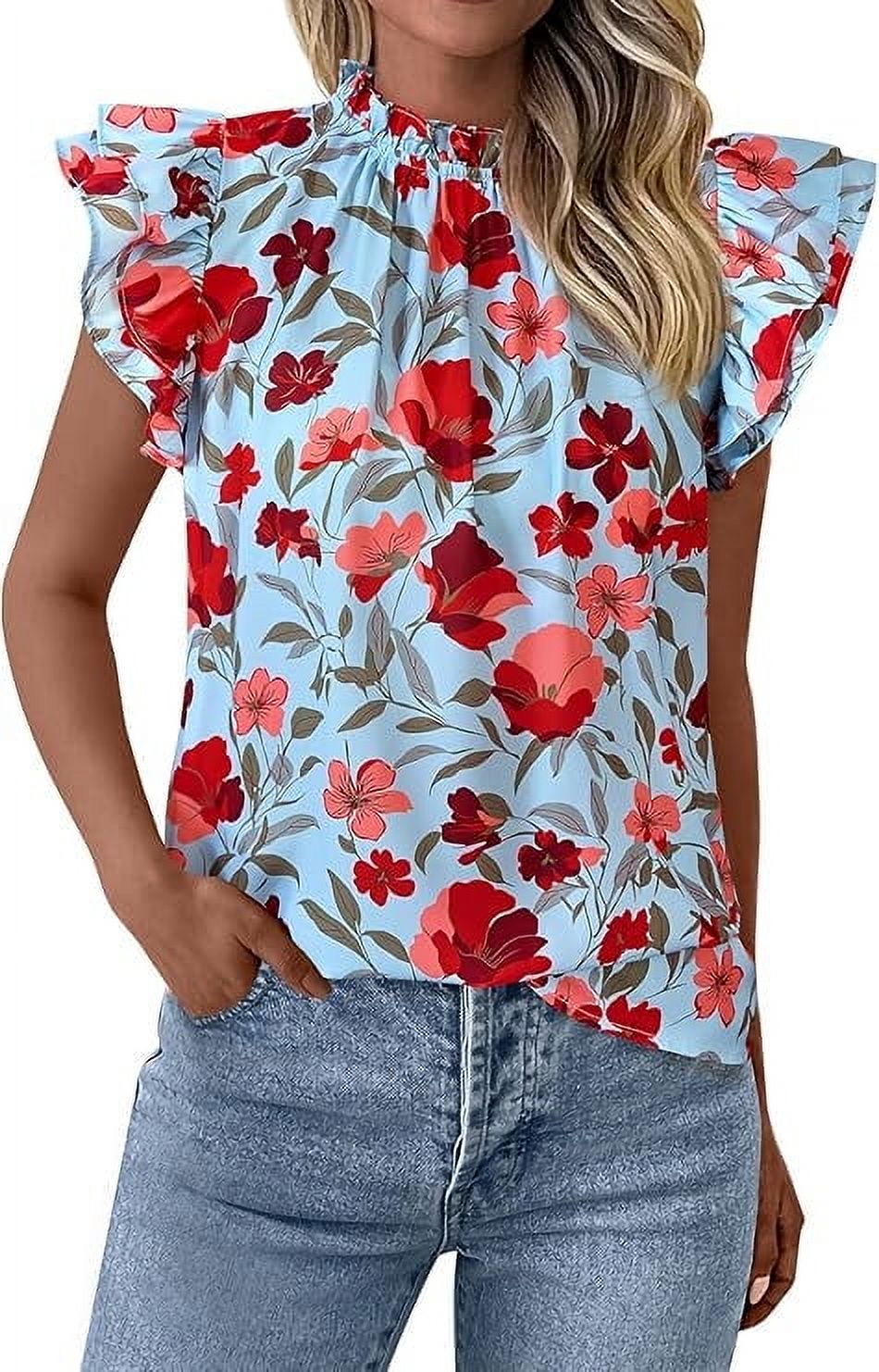 PRETTYGARDEN Women s Ruffle Short Sleeve Summer Tops Trendy Floral Trim