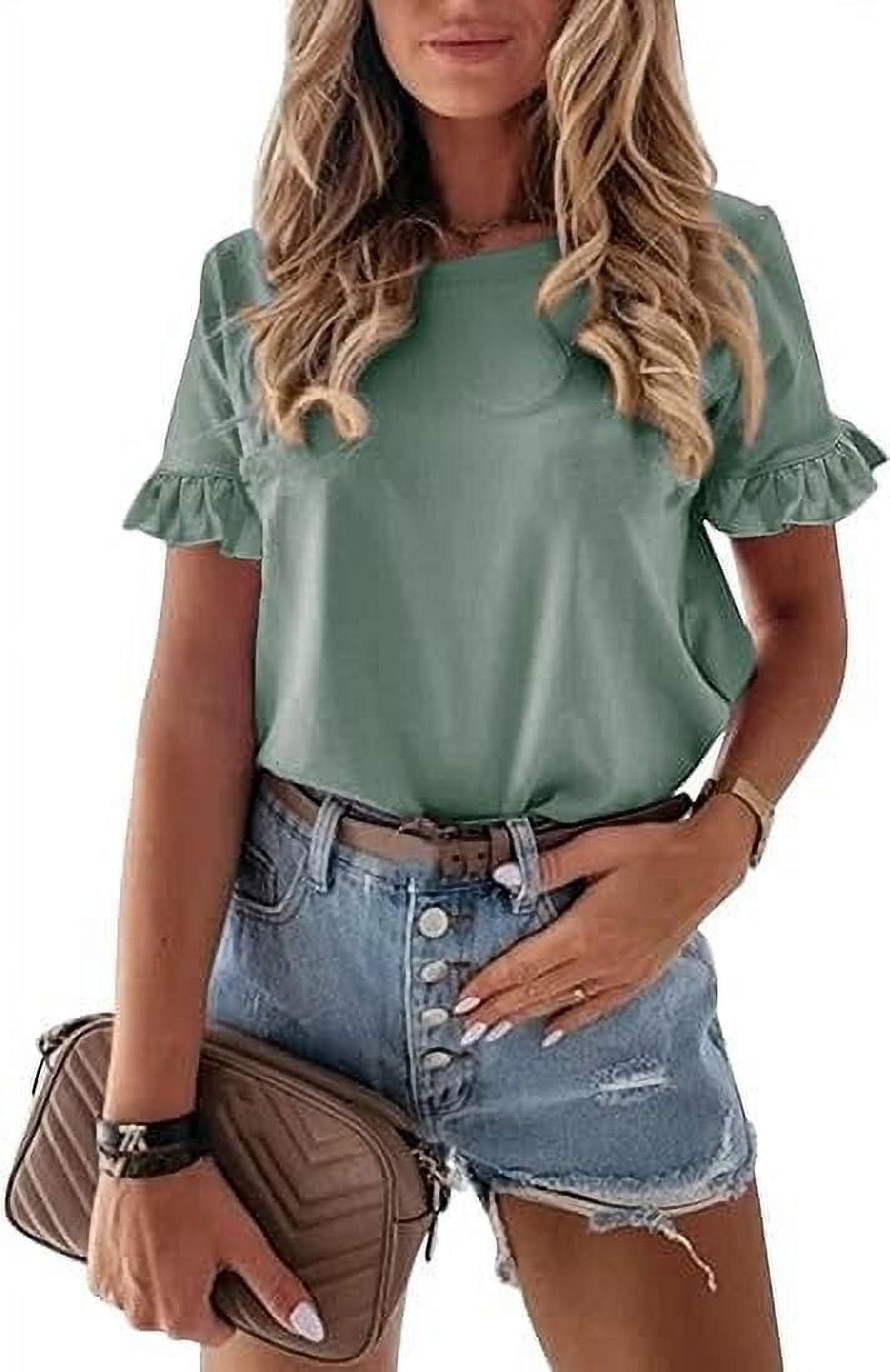 PRETTYGARDEN Women's Short Sleeve Ruffle Blouse, Loose Fit Tunic ...