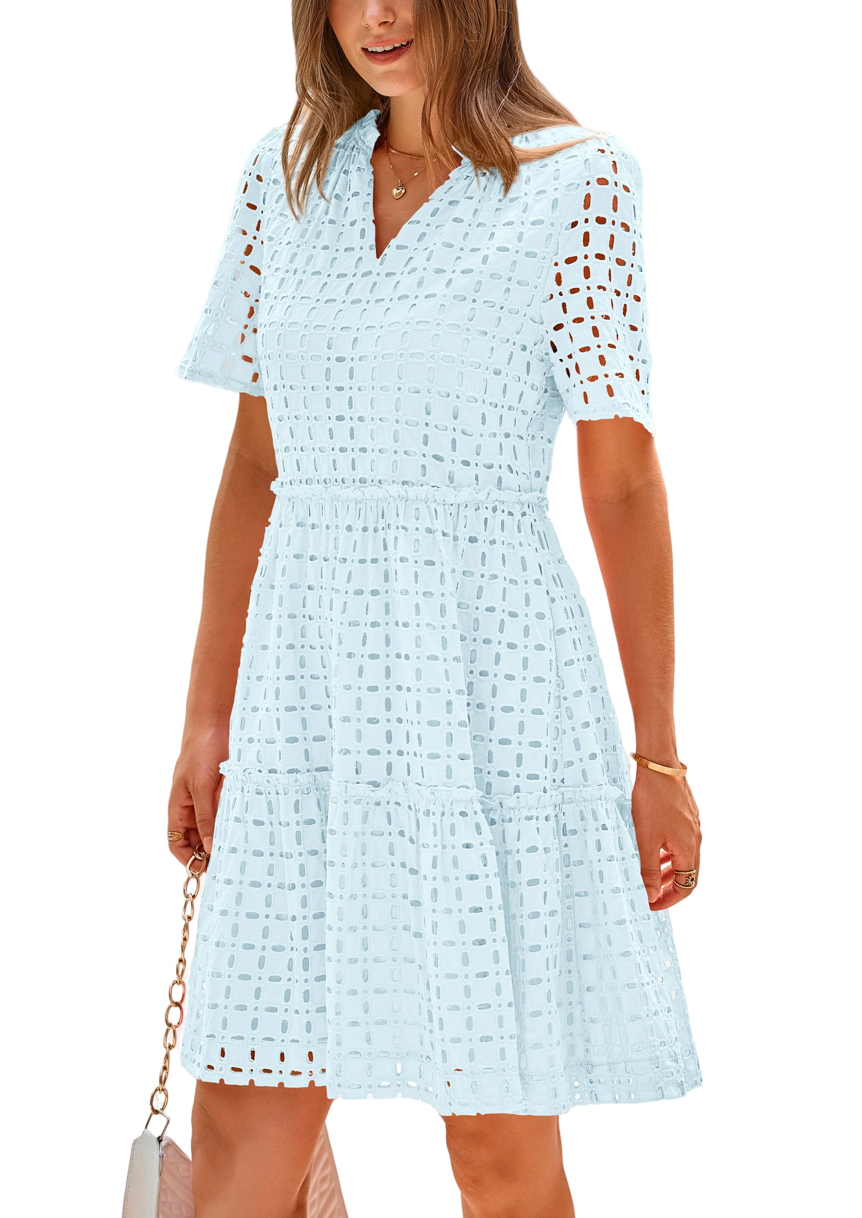 PRETTYGARDEN Women's Short Sleeve Mini Dress Summer V Neck Hollow Out ...