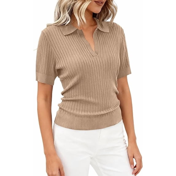 PRETTYGARDEN Women's Short Sleeve Sweater Spring Polo Shirts Ribbed ...