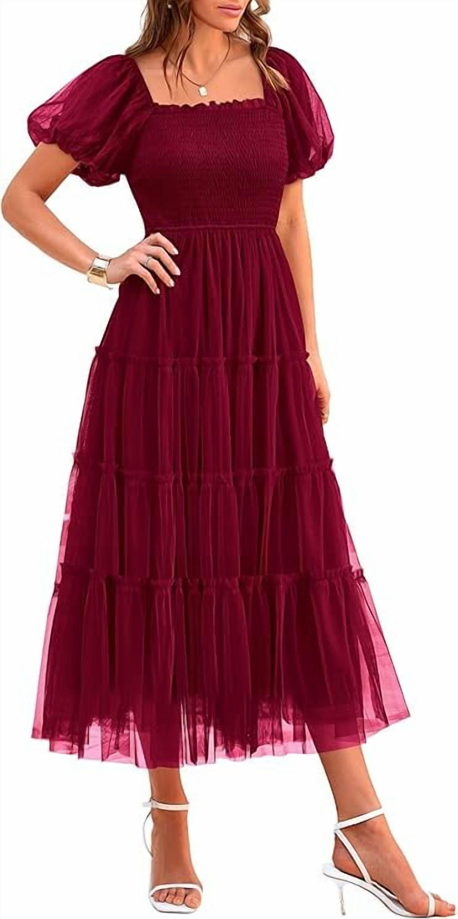 PRETTYGARDEN Women's Smocked Tulle Midi Dress, Square Neck, Puffy Short ...