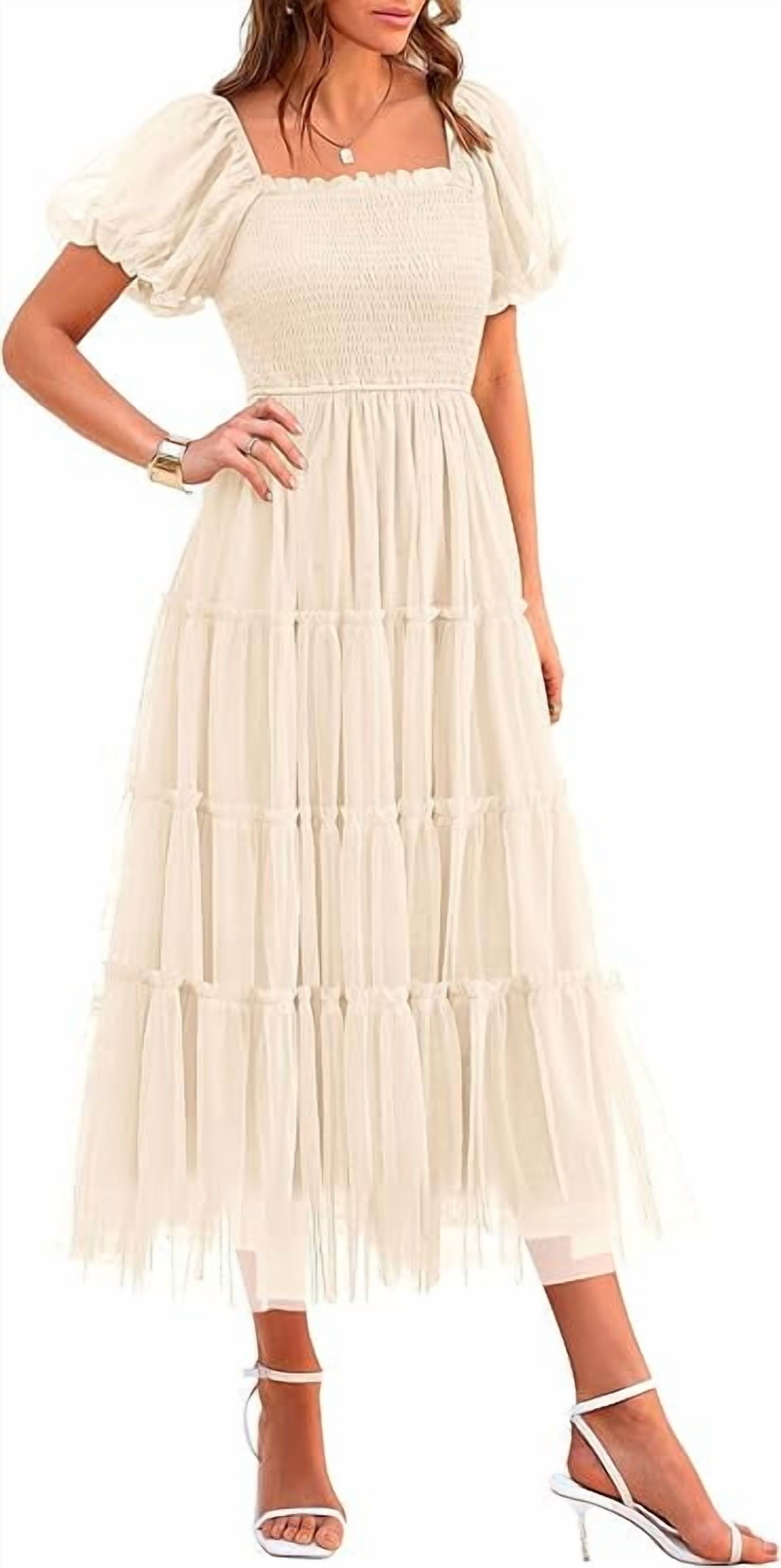 PRETTYGARDEN Women's Smocked Tulle Midi Dress Summer Square Neck Puffy ...