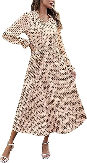 PRETTYGARDEN Women's Spring Fall Midi Dress Casual Long Sleeve V Neck ...
