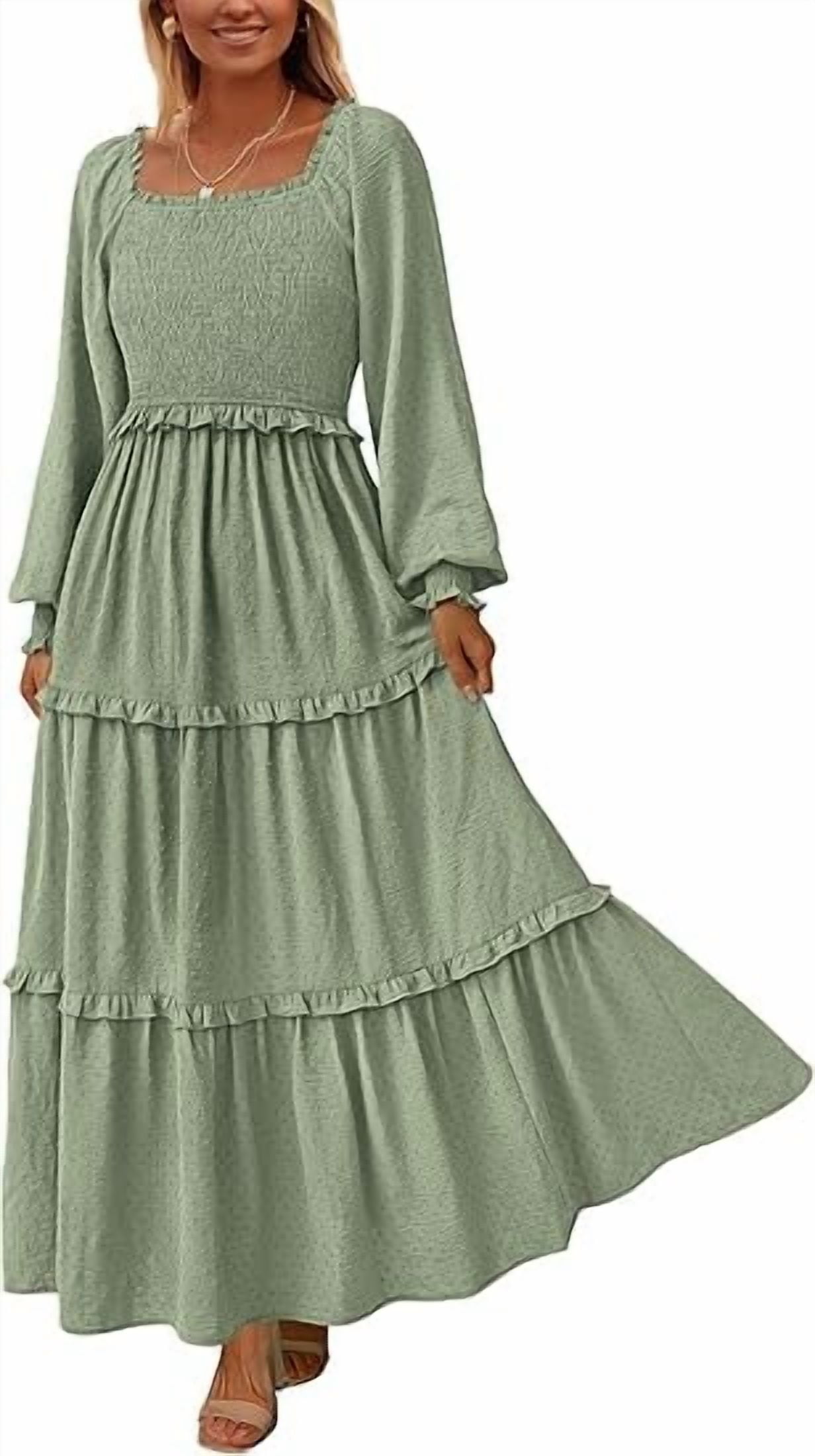 PRETTYGARDEN Women's Spring Long Sleeve Smocked Maxi Dress Casual Square Neck Swiss Dot Tiered ...