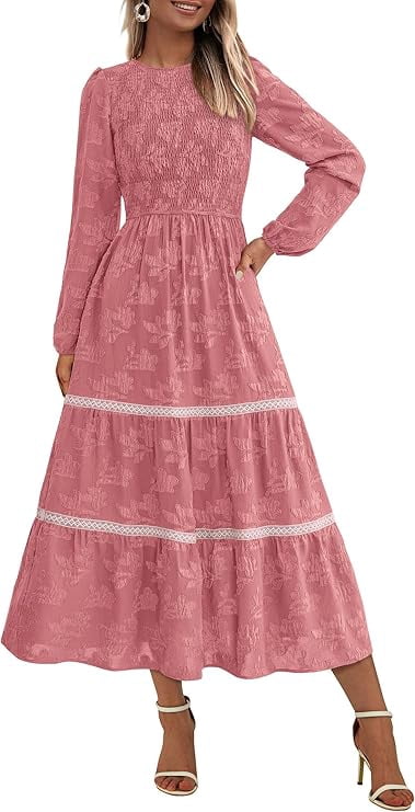 PRETTYGARDEN Women's Spring Midi Dress Fall Elegant Long Sleeve Smocked ...