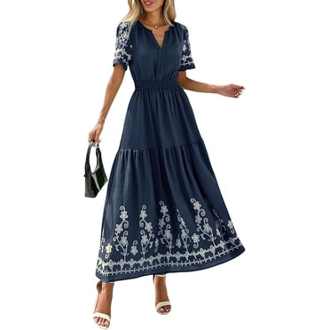PRETTYGARDEN Womens Summer Boho Maxi Dress Trendy Short Sleeve V Neck ...