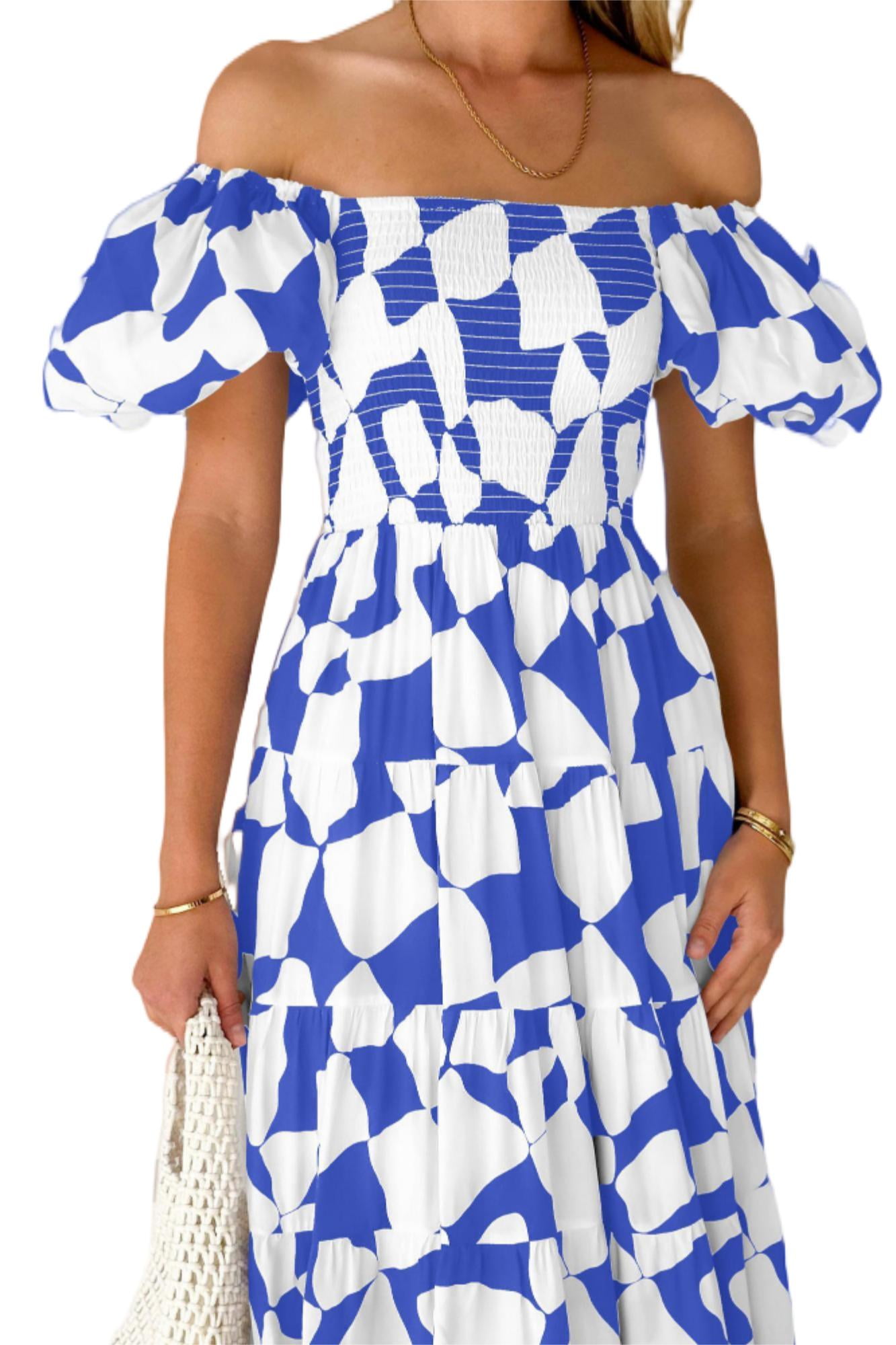 PRETTYGARDEN Women's Summer Boho Midi Dress Off Shoulder Puff Sleeve ...