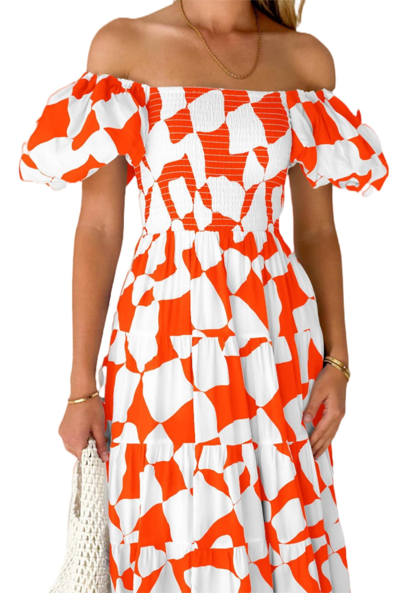 PRETTYGARDEN Women's Summer Boho Midi Dress Off Shoulder Puff Sleeve ...