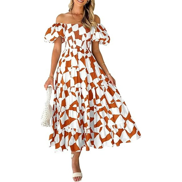 PRETTYGARDEN Women's Summer Boho Midi Dress Off Shoulder Puff Sleeve ...