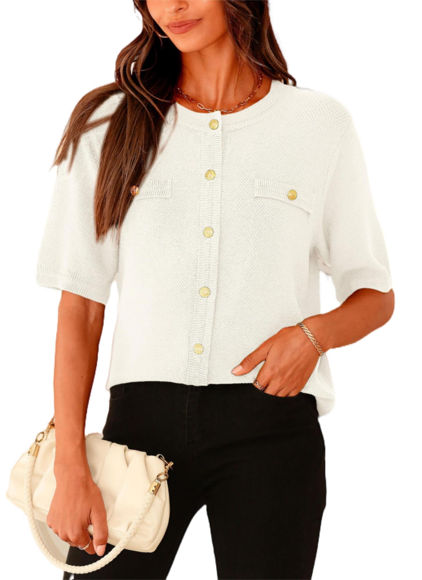 PRETTYGARDEN Women's Summer Button Down Shirts Casual Short Sleeve Crew ...