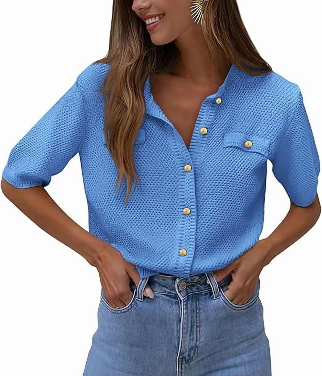 PRETTYGARDEN Women's Summer Button Down Shirts Casual Short Sleeve Crew ...