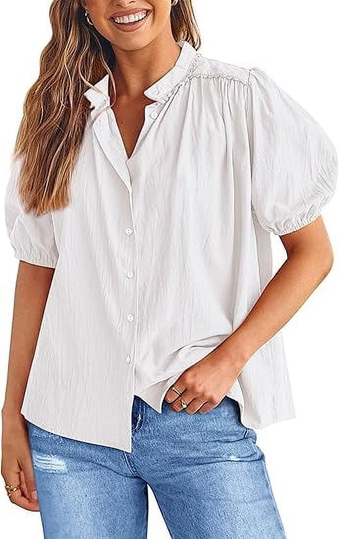 PRETTYGARDEN Women's Summer Button Down Shirts Short Lantern Sleeve V ...