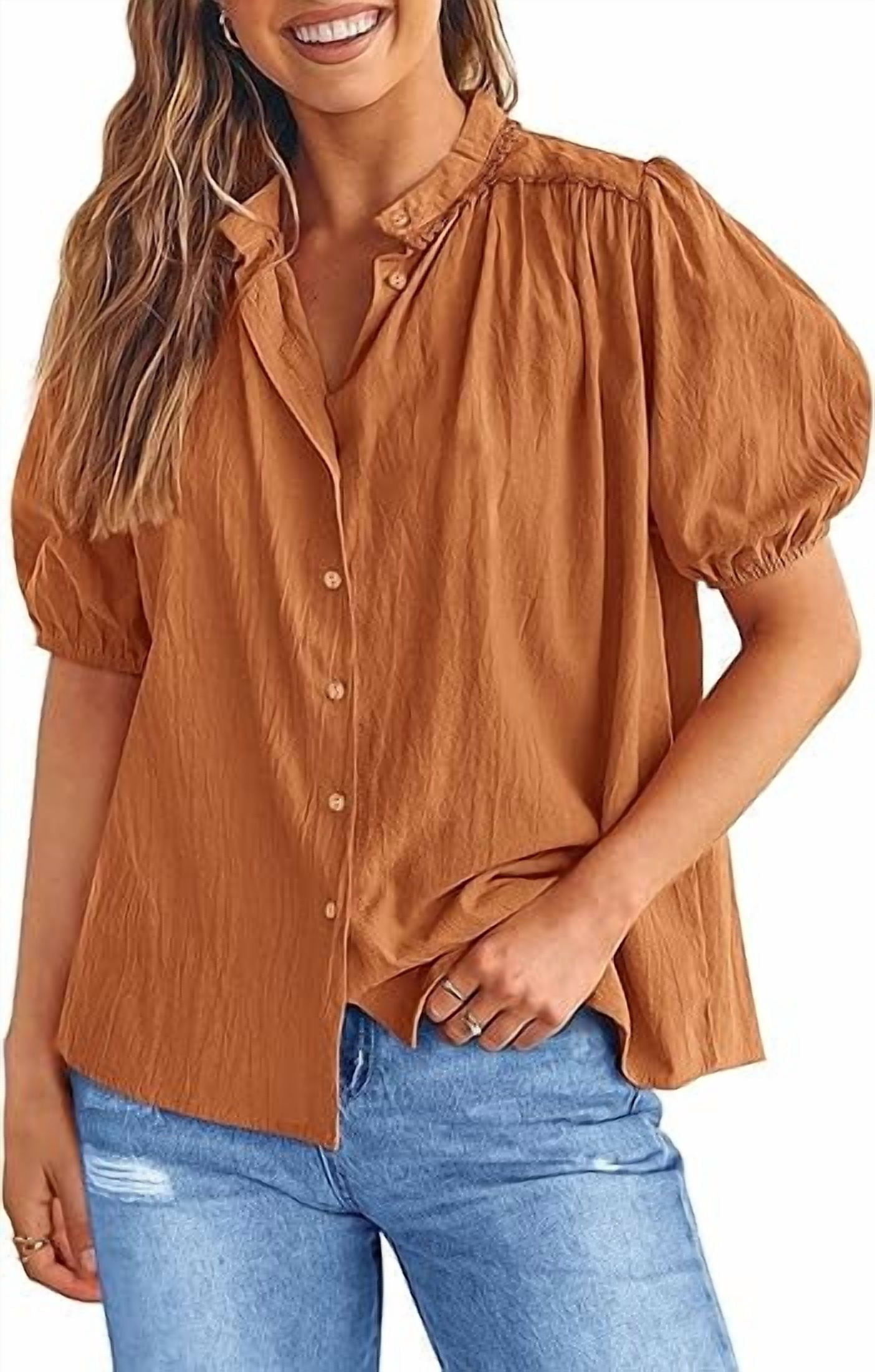 PRETTYGARDEN Women's Summer Button Down Shirts Short Lantern Sleeve V ...